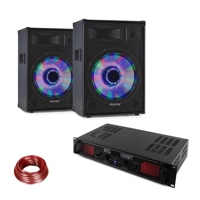 DJ PA-Set LED10BT, 2 x Fenton PA-Box, Skytec Hifi-Amplificatore, Cavo ...